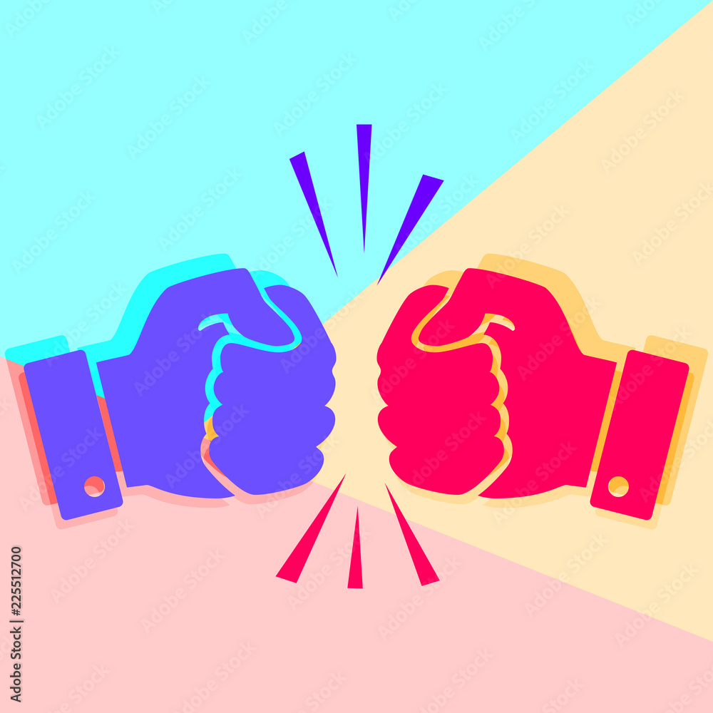 Concept of fierce competition. Flat lay art two hands clenched into ...