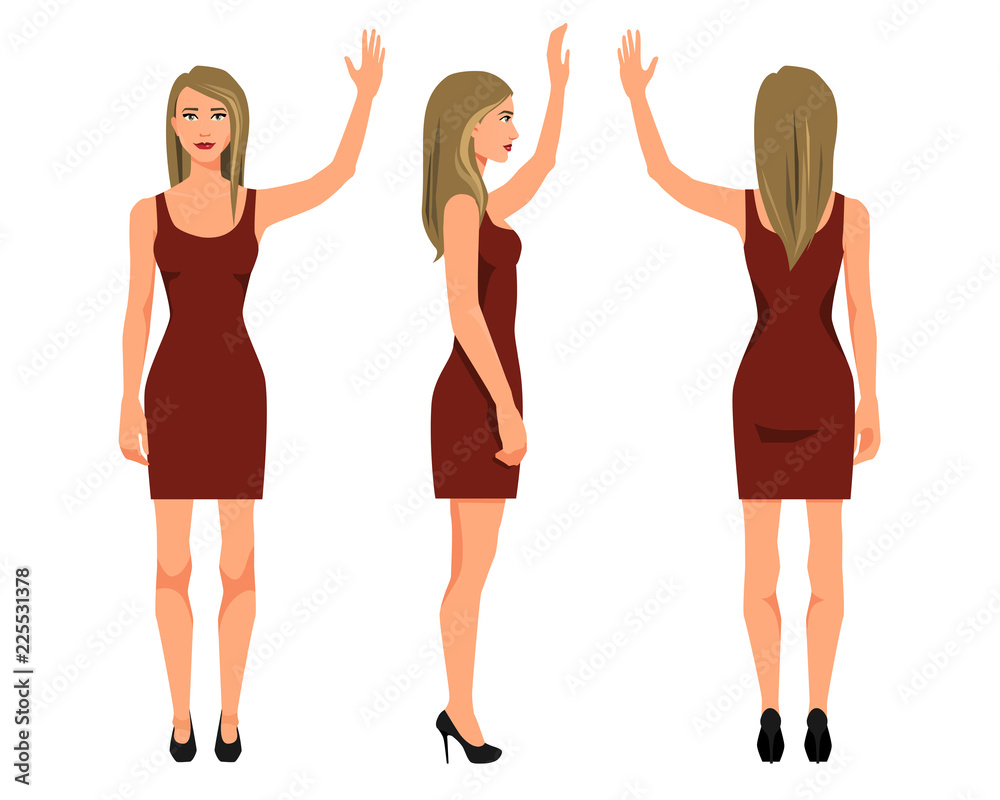 Stock-Vektorgrafik „Vector illustration of three girl in red dress with ...