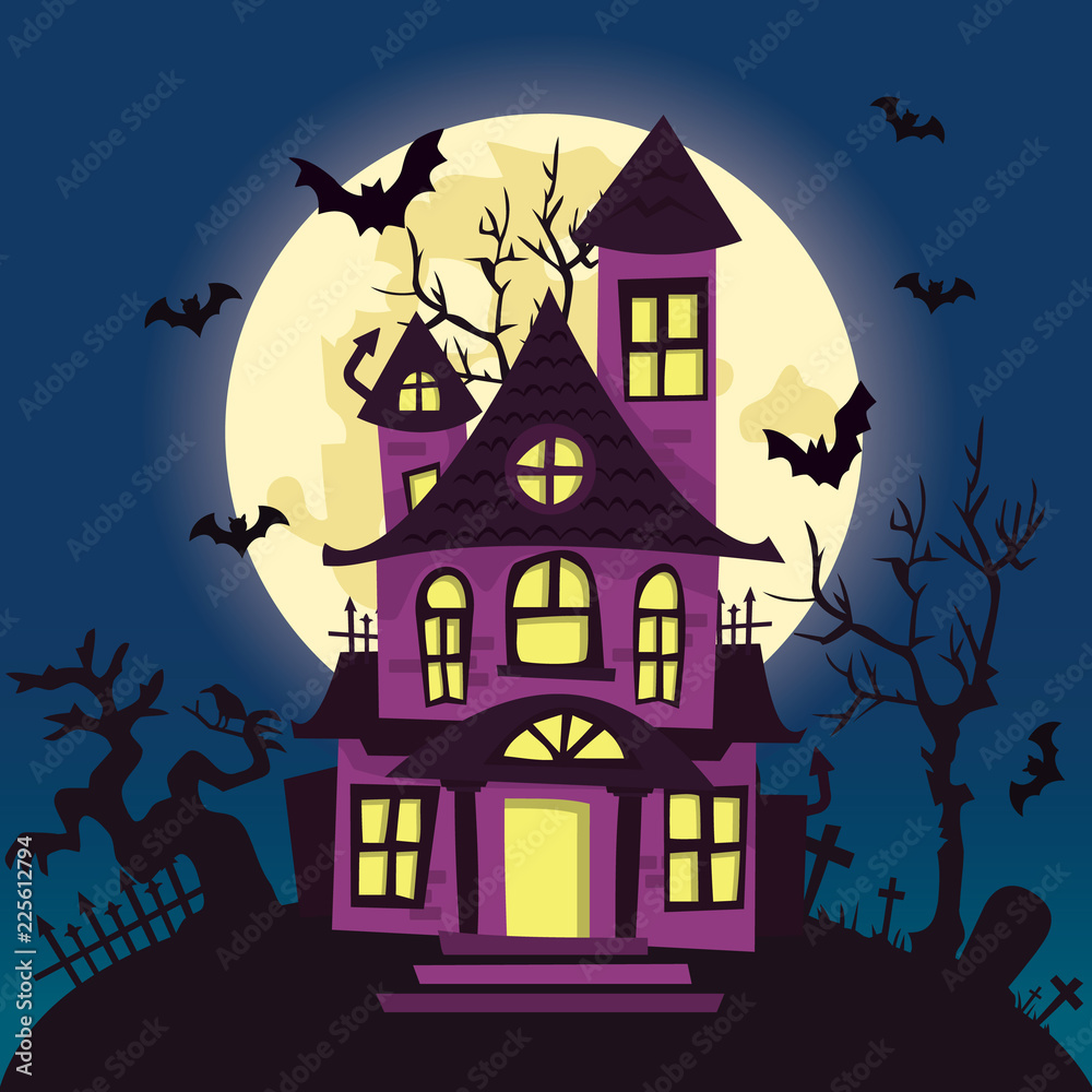 Cartoon Creepy Haunted House Halloween Night Stock Vector | Adobe Stock