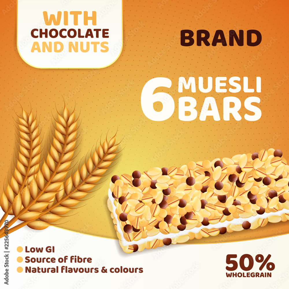 Realistic muesli bars advertising. Healthy grain snack package design ...