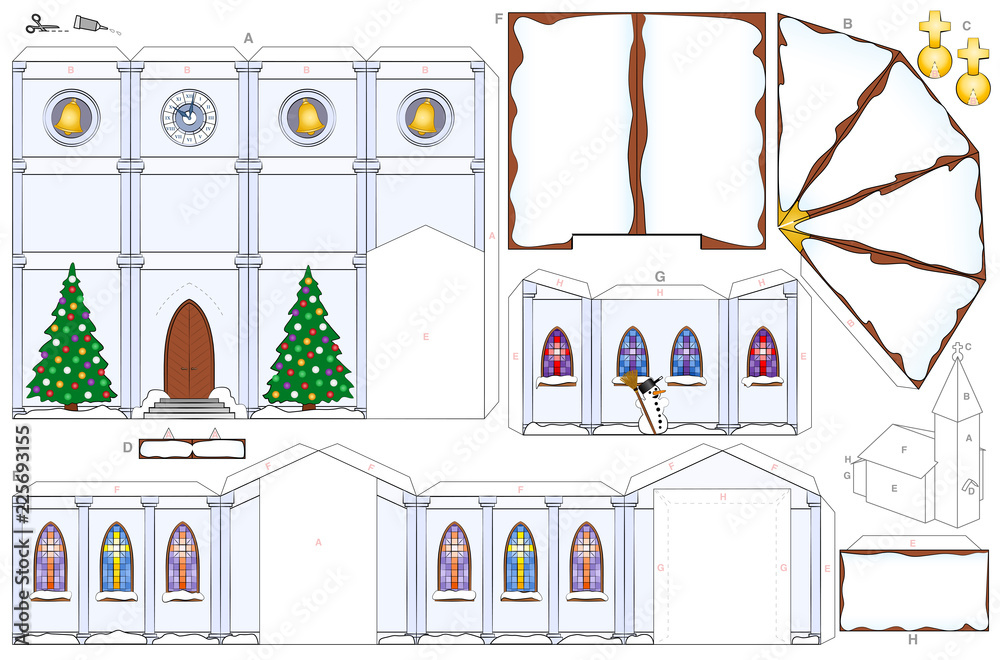 Church in winter, paper craft sheet. Cut-out sheet for making a ...
