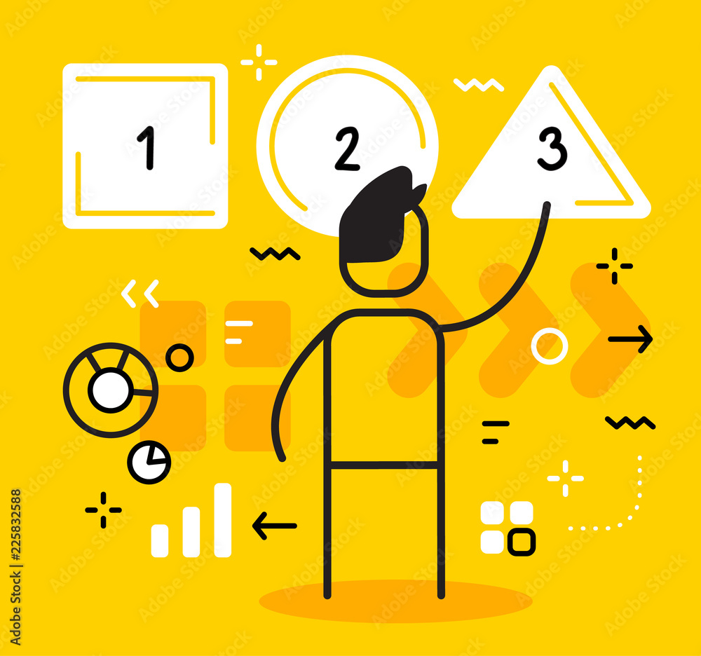 Vector business illustration of man selecting and pressing a button ...