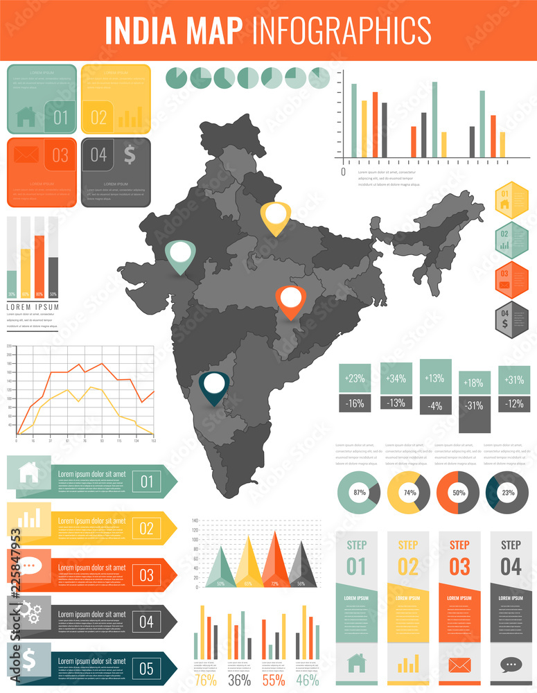 India map with Infographic elements. Infographics layouts. Vector Stock ...