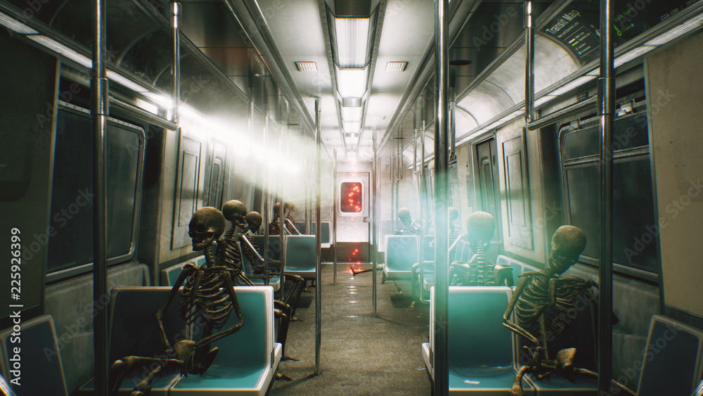 Abandoned railway horror train with skeletons. Horror and post ...