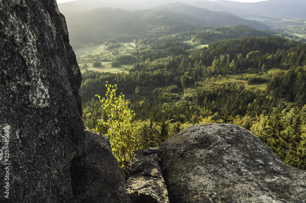 Stock-Foto „Colorful sunrise painting forest and meadows seen from ...