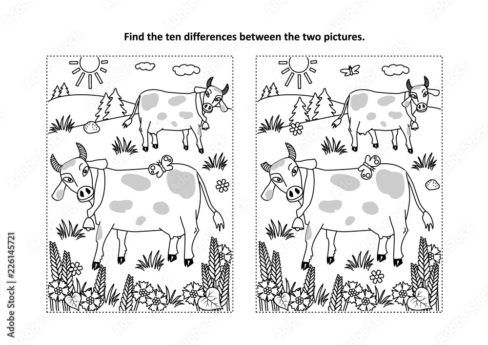 Find the ten differences picture puzzle and coloring page with spotted ...