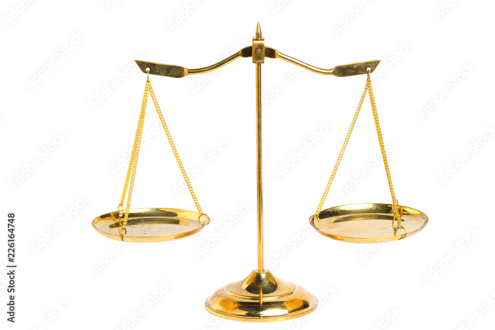 Gold brass balance scale isolated on white background with clipping ...