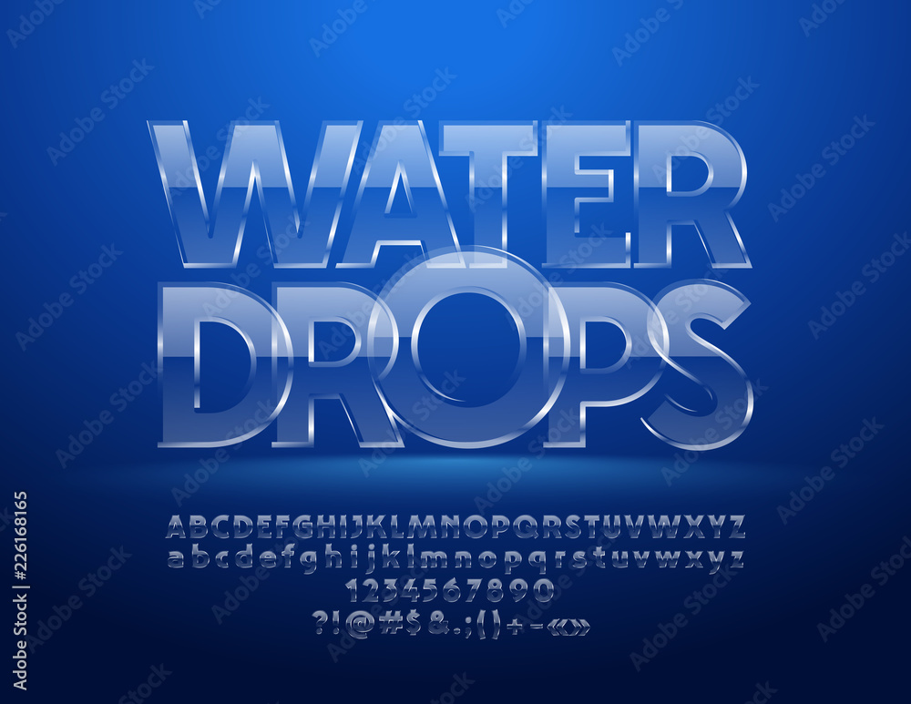Vector Iced Water Drops text with 3D Font. Glass Alphabet Letters ...