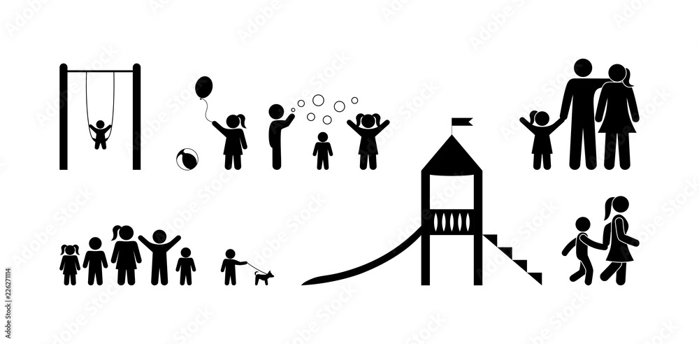 pictogram family, children and parents walk on the playground, stick ...