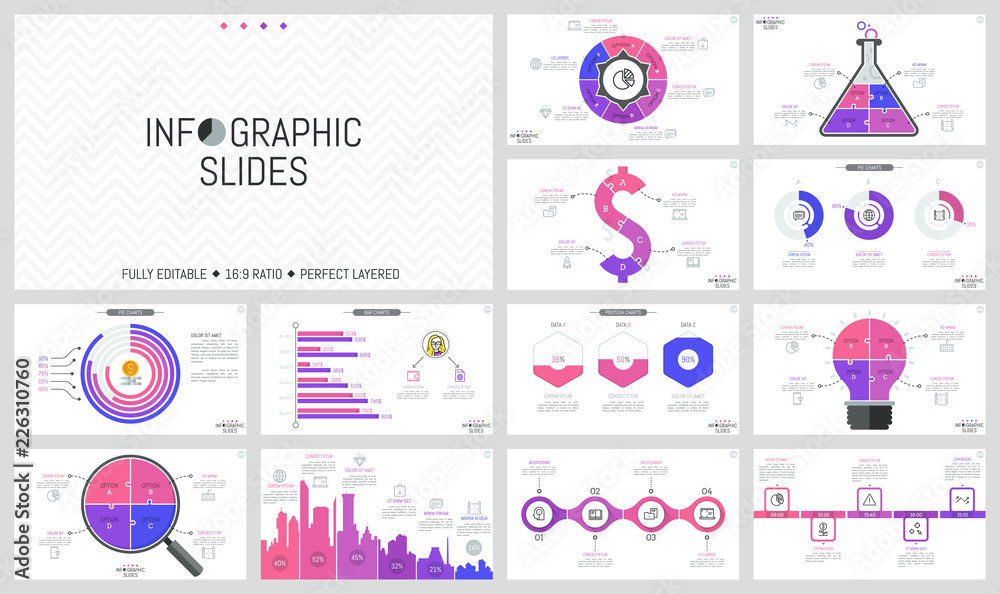 Set of minimal infographic design layouts. Pie and bar charts, jigsaw ...