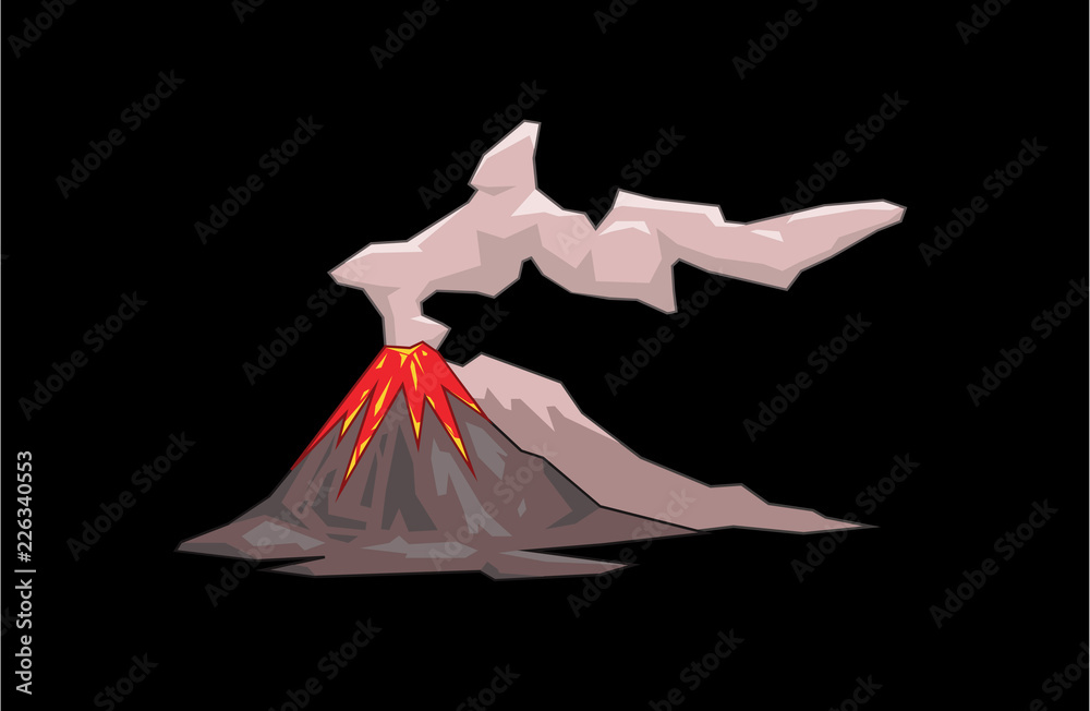 Volcano exploding, full body. Double mountain vulcano. Flat vector ...