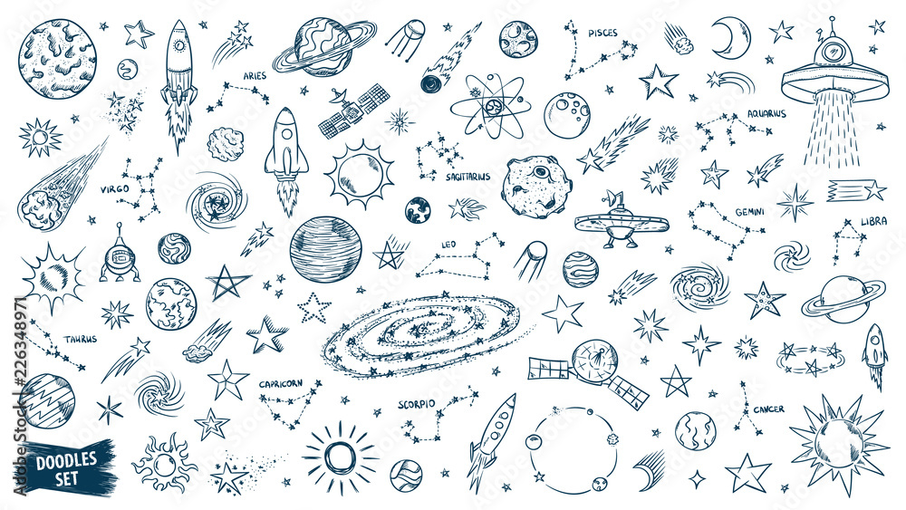 Space doodles set. Astronomy. Cosmic sketches. Zodiac. Planets. Moon ...