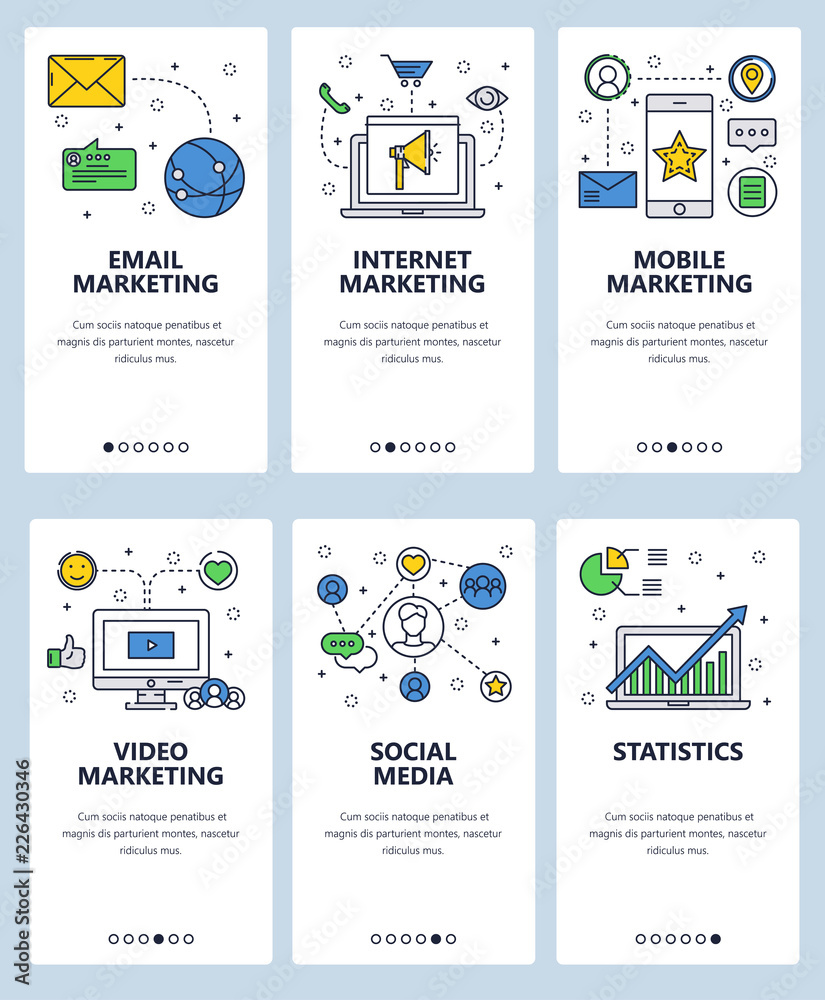 Vector Web Site Linear Art Onboarding Screens Template Online Digital Marketing And