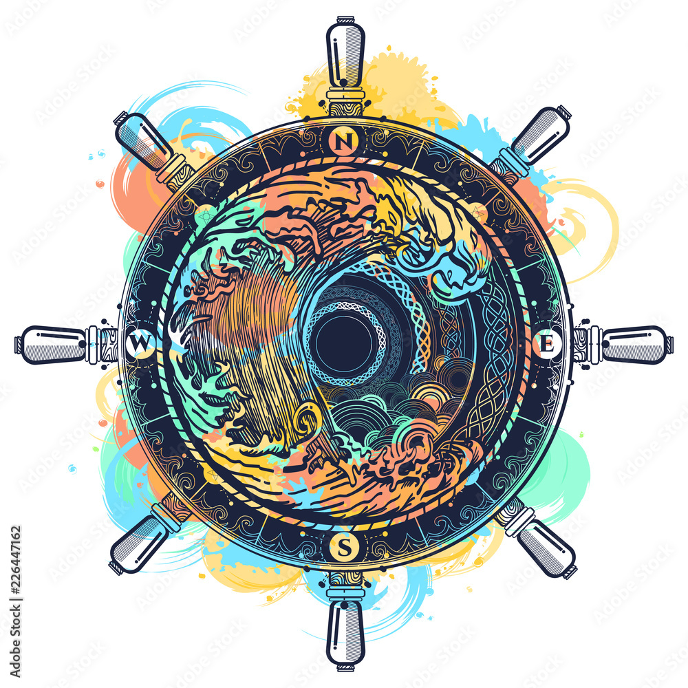 Sea compass and storm tattoo watercolor splashes style. Great outdoors ...
