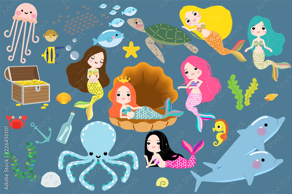 Cute little mermaid with sea animals. Under the sea in cartoon style ...