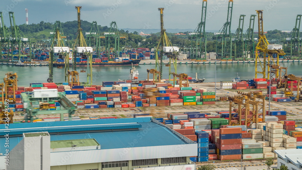 Commercial port of Singapore . Bird eye panoramic view of busiest Asian ...