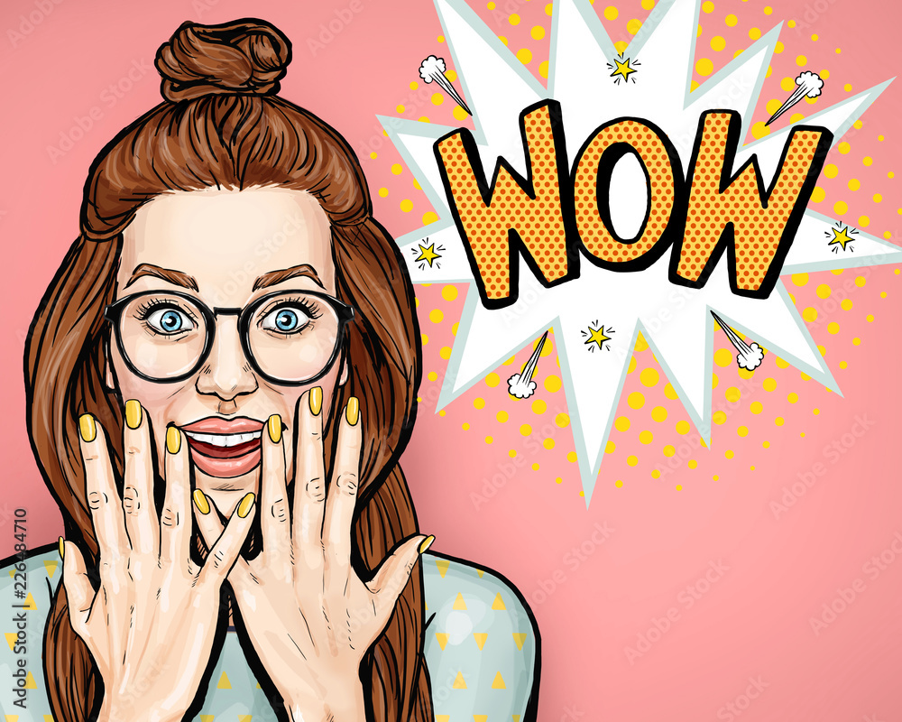 Fashion woman with wow face holding hands near her cheeks. Advertising ...