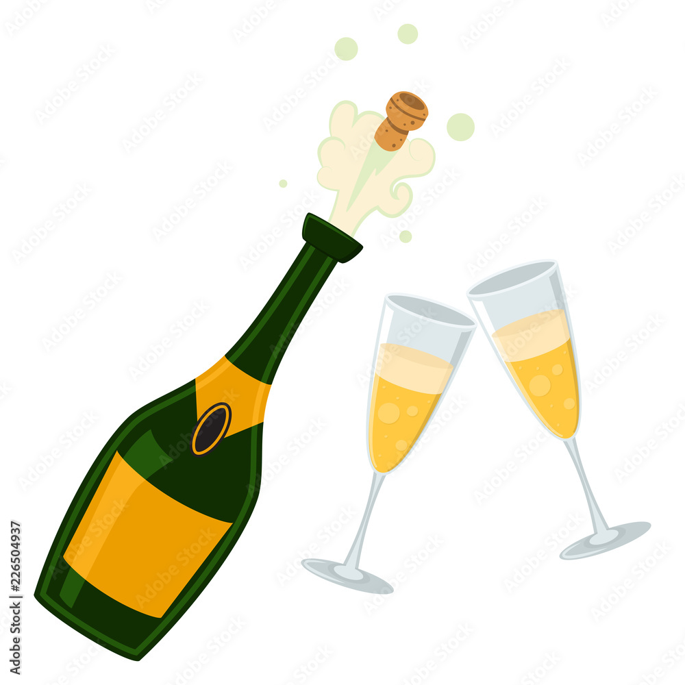 Champagne bottle explosion and two glasses of wine. Vector cartoon flat ...
