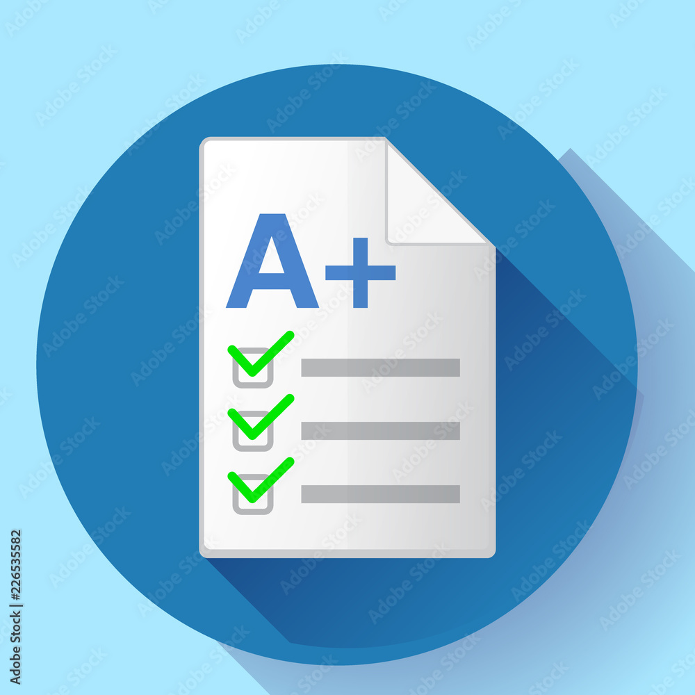 Icon of successful test result. Test paper with A plus grade. Isolated ...