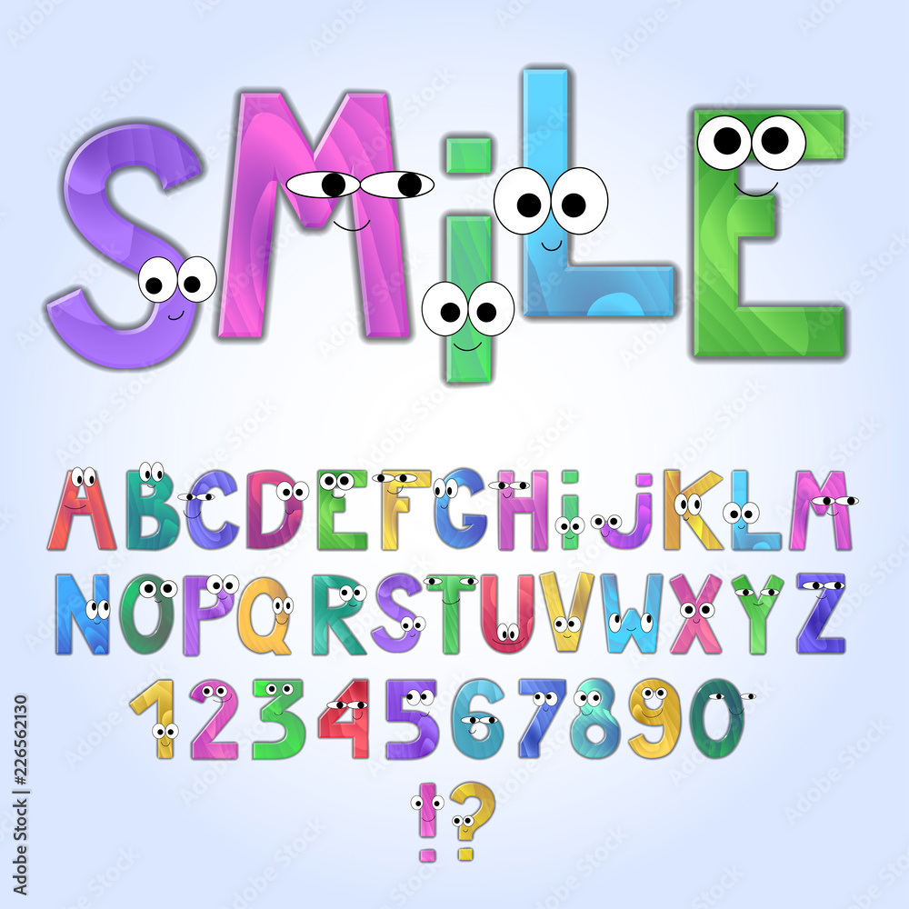 Cartoon alphabet isolated on white background. Letters and numbers with ...