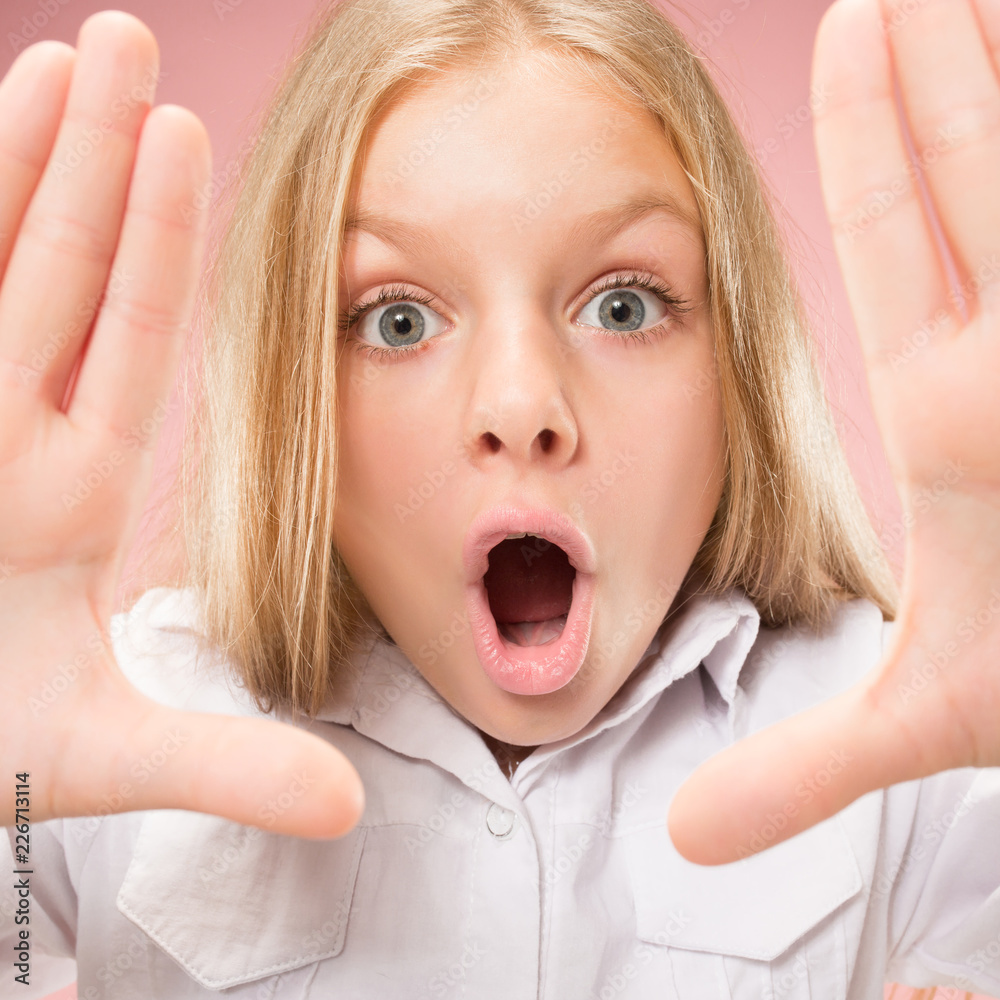Wow. Beautiful female half-length front portrait isolated on pink ...