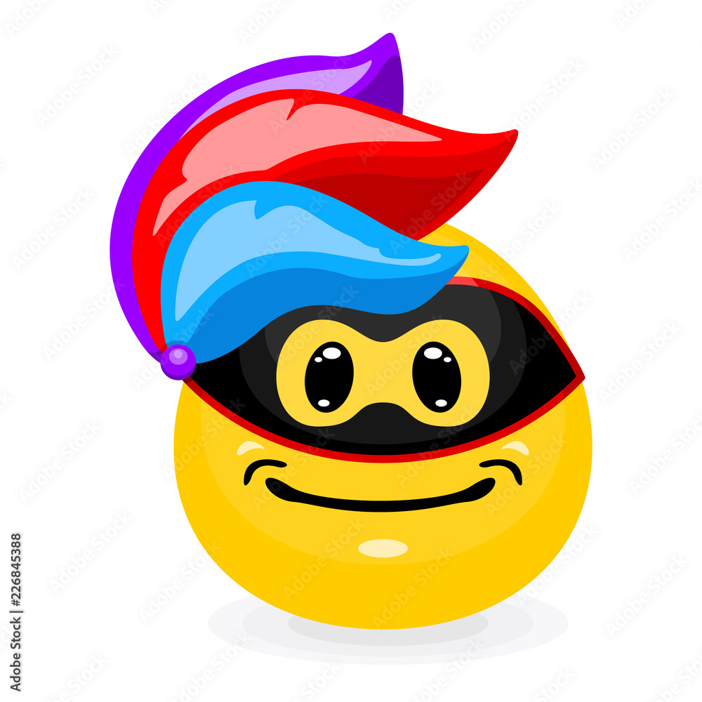 Cute emoticon in carnival hat with feathers. Smiley in cartoon style ...