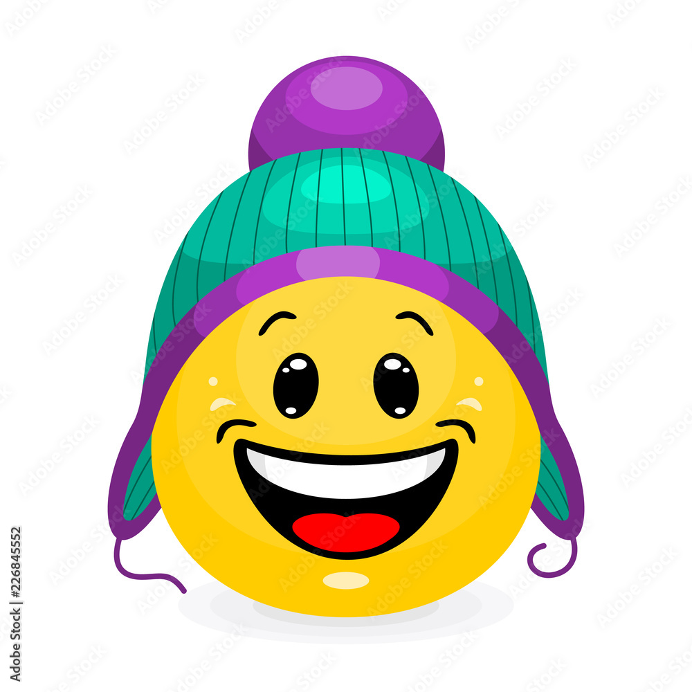Emoticon wearing winter clothes. Smiling face in hat in cartoon style ...