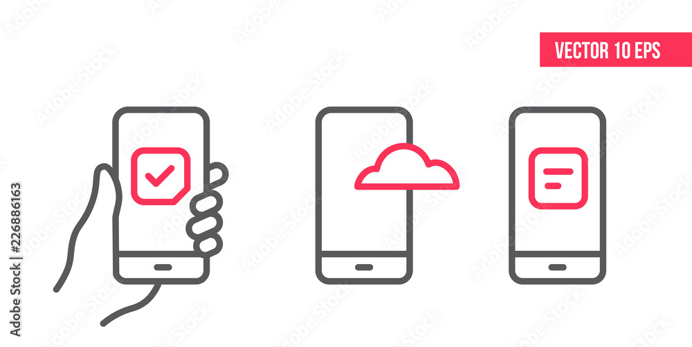 Smartphone with check mark on screen, cloud hosting icon, checklist ...