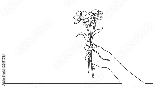 continuous line drawing of hand holding flower bouqet - Buy this stock ...