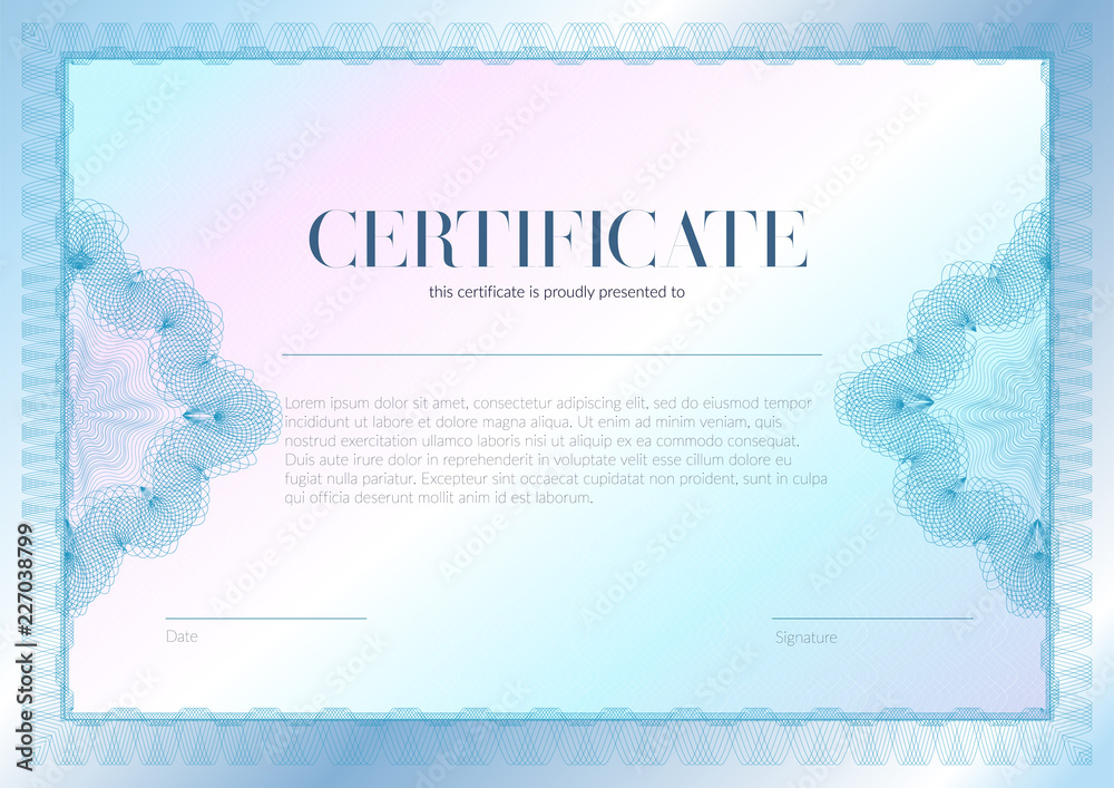 Horizontal certificate with guilloche and watermark vector template ...