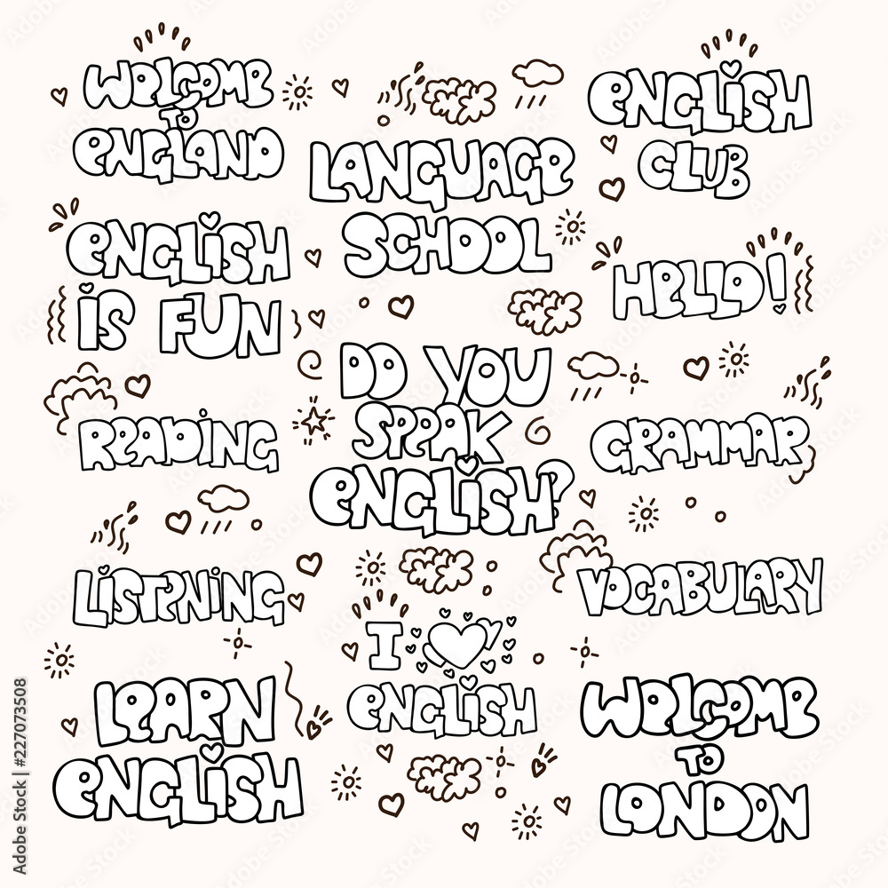 Learning English educational black and white phrases and words ...