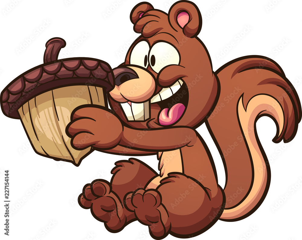 Happy squirrel holding a big acorn. Vector clip art illustration with ...