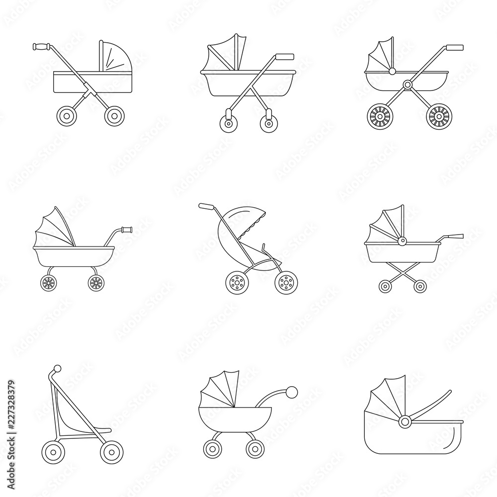 Baby pram icon set. Outline set of 9 baby pram vector icons for web ...