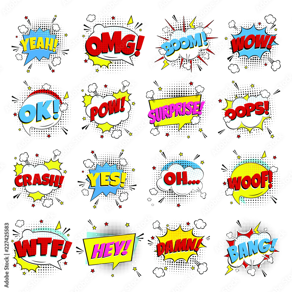 16 Comic lettering set in the speech bubbles comic style flat design ...
