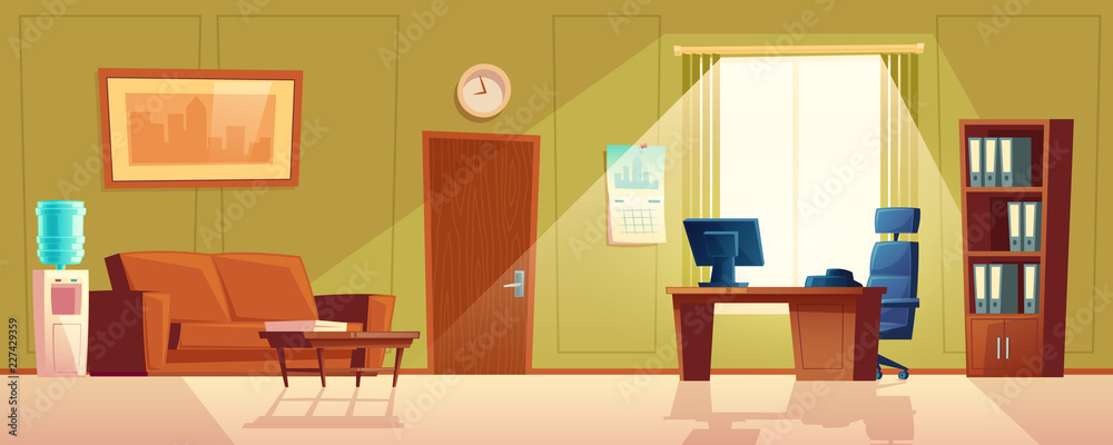 Vector cartoon illustration of empty office, reception desk with window ...