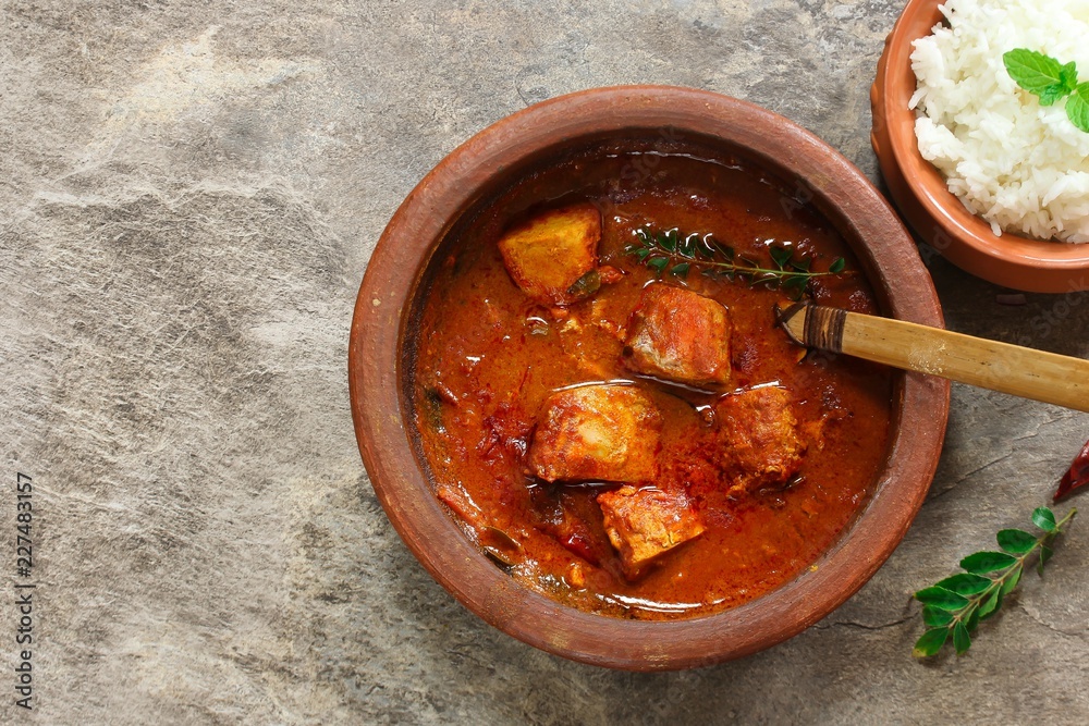 Kerala Alleppey fish Curry / Tuna cooked in spicy red sauce, top view ...