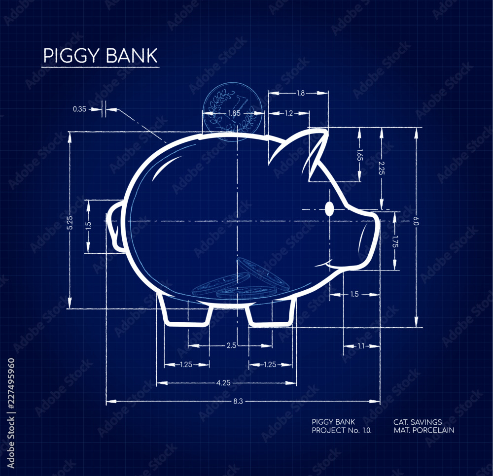 Project - blueprint scheme of piggy bank. Working sketch of money ...