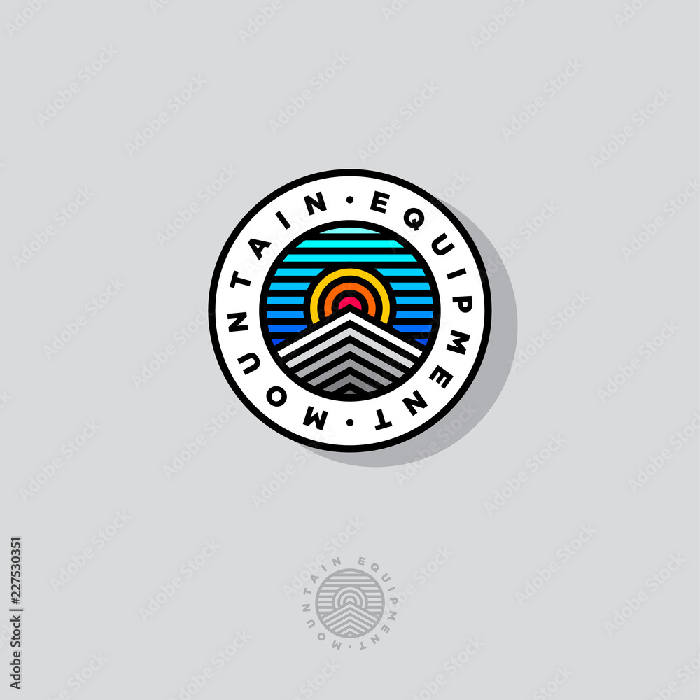 Mountain equipment logo. Mountains peaks. Sun and sky on a circle ...