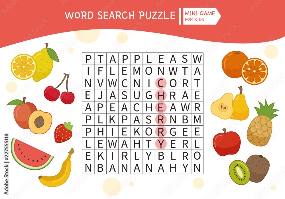 Educational game for kids. Word search puzzle with cartoon fruits. Kids ...
