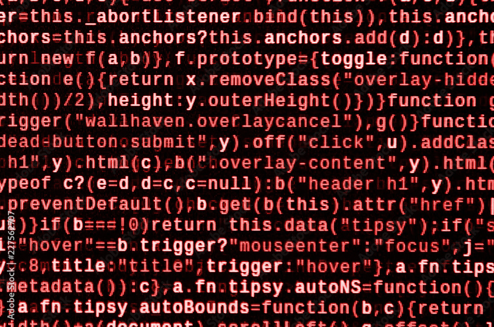 Javascript functions, variables, objects. Monitor closeup of function source code. IT specialist ...