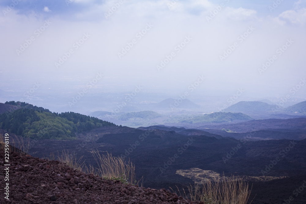 View from the Silvestri Craters on Mount Etna, active volcano on the ...