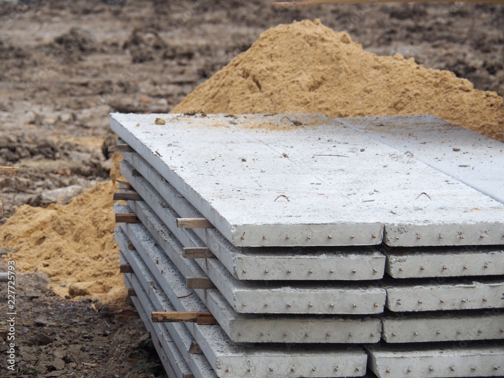 Prestressed Floor planks stacked for construction. It is a slab of ...