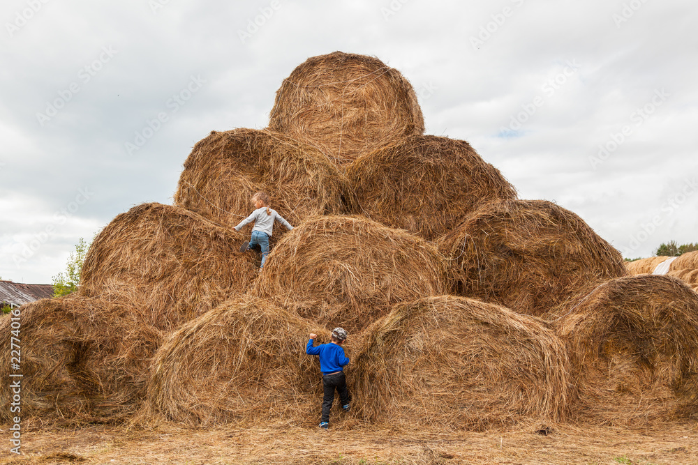Little boy and girl on haystacks d in the sunlight running, playing ...