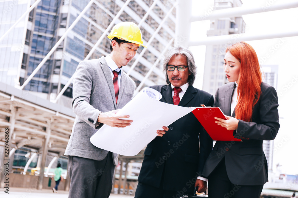 Three people with different professions in urban city outdoor scene ...