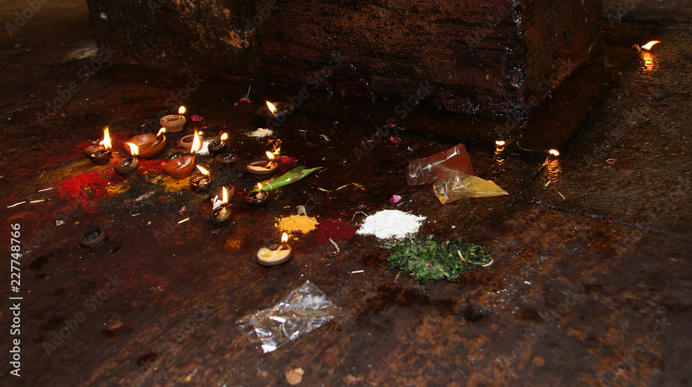 Traditional symbols of Hindu religion. Inside of Meenakshi hindu temple ...