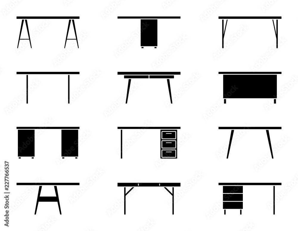 Vetor Office table front view icon set. Black furniture silhouette ...