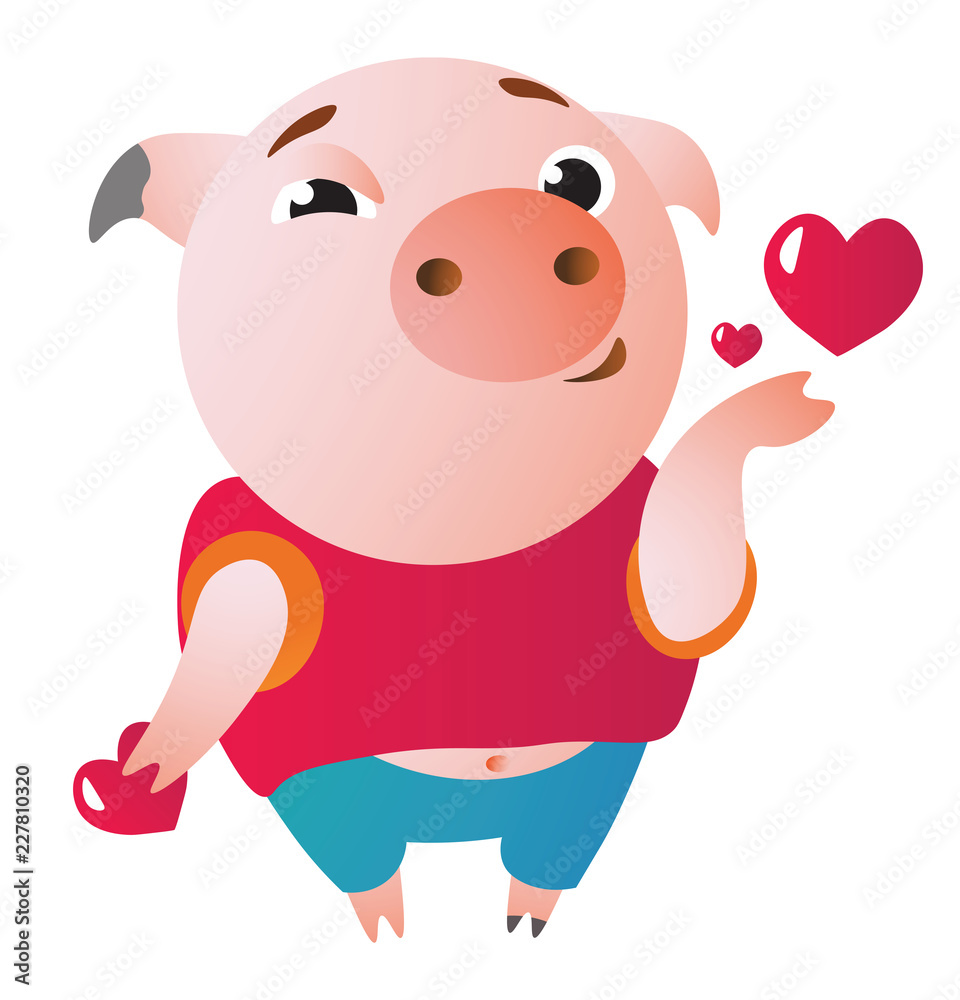 Cute cartoon pig sending air kiss with read hearts. Vector illustration ...