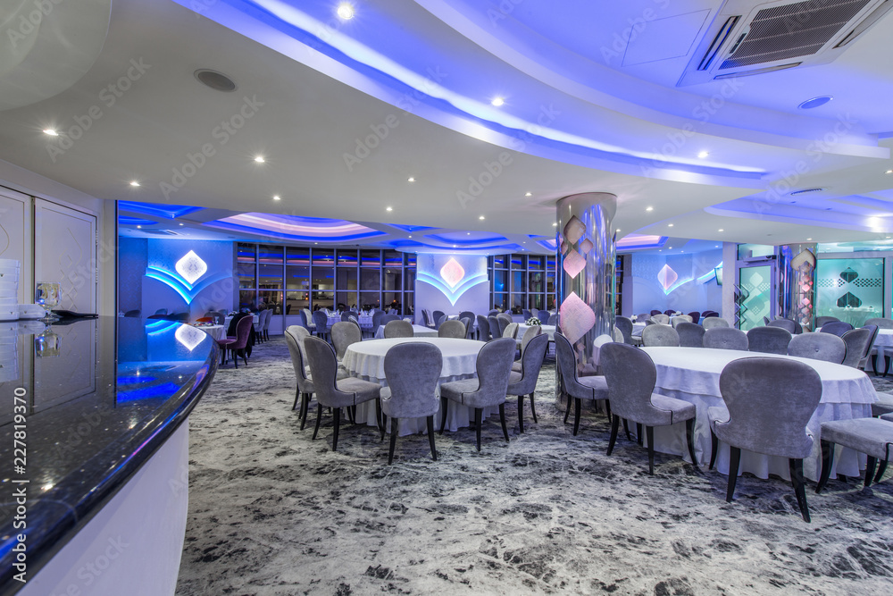 Banquet hall with lightening equipment Stock Photo | Adobe Stock