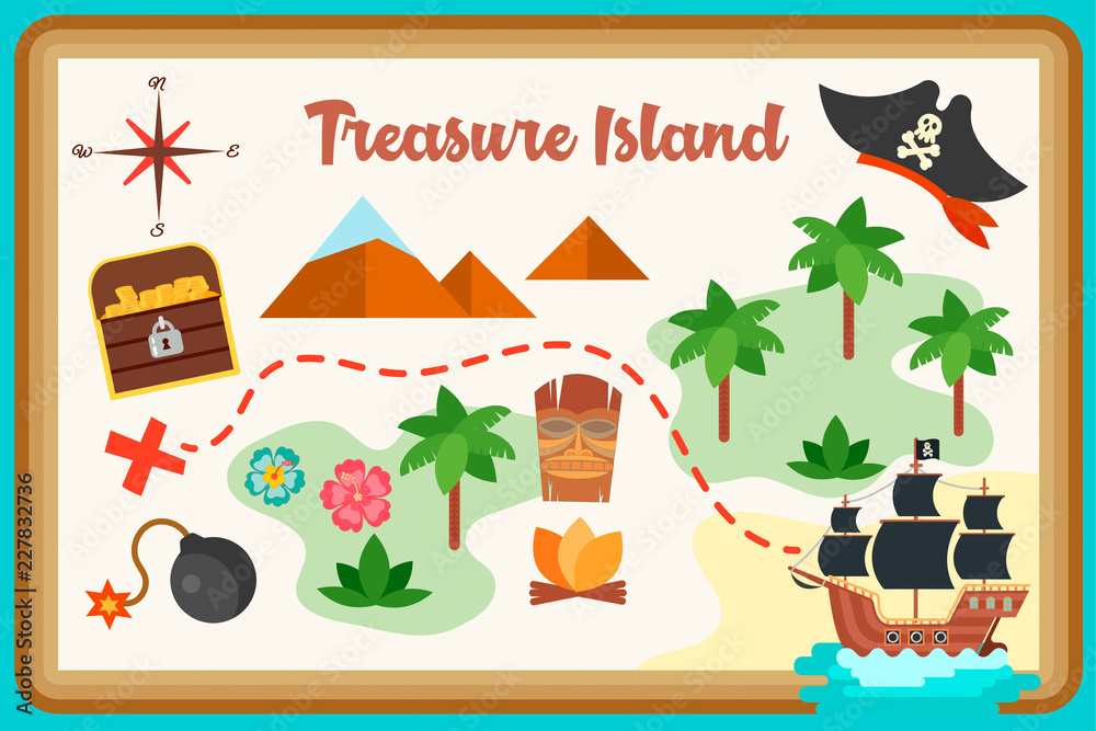 Map of treasure island flat design Stock Vector | Adobe Stock