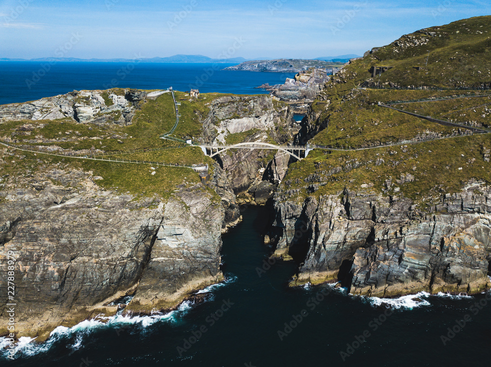 Aerial view of Bridge to Mizen Head lighthouse in southern Ireland ...